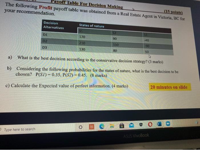 Solved Payoff Table For Decision Making (15 points) The | Chegg.com