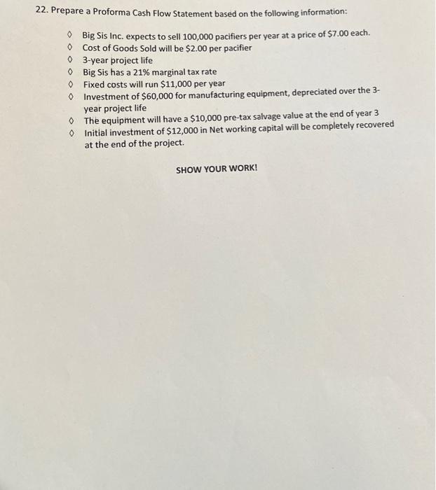 Solved 22. Prepare a Proforma Cash Flow Statement based on | Chegg.com