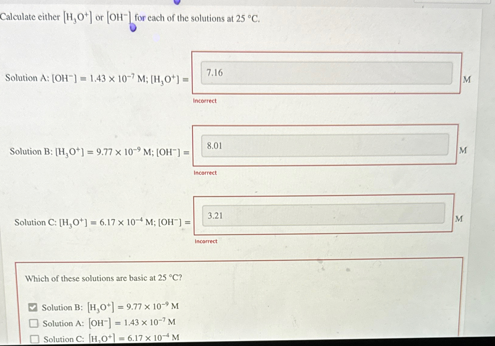 Calculate either H3O+or OH-for each of the solutions | Chegg.com