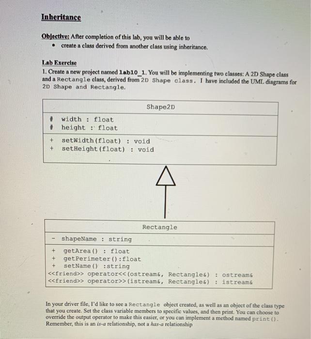 Solved Inheritance Objective: After completion of this lab, | Chegg.com
