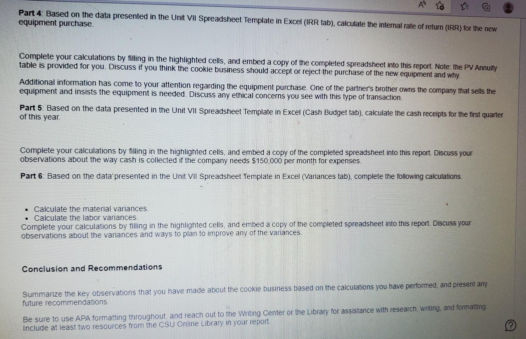 Solved Part 1: Based on the data presented in the Unit VII | Chegg.com