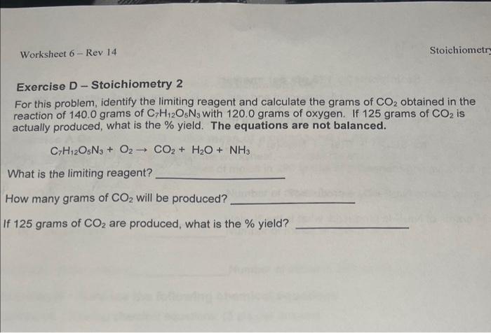 Solved Exercise D-Stoichiometry 2 For this problem, identify | Chegg.com