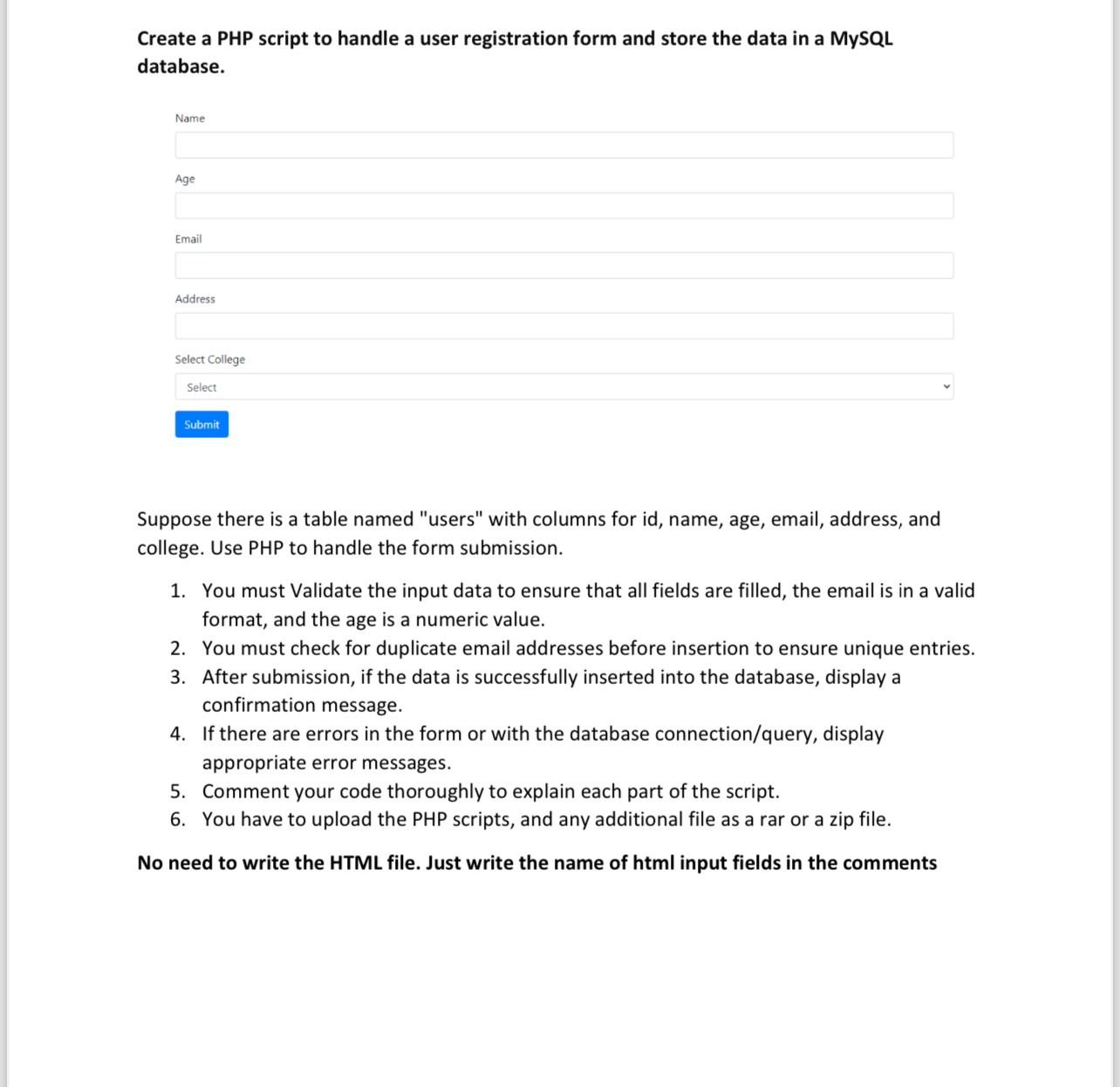 Create a PHP script to handle a user registration | Chegg.com