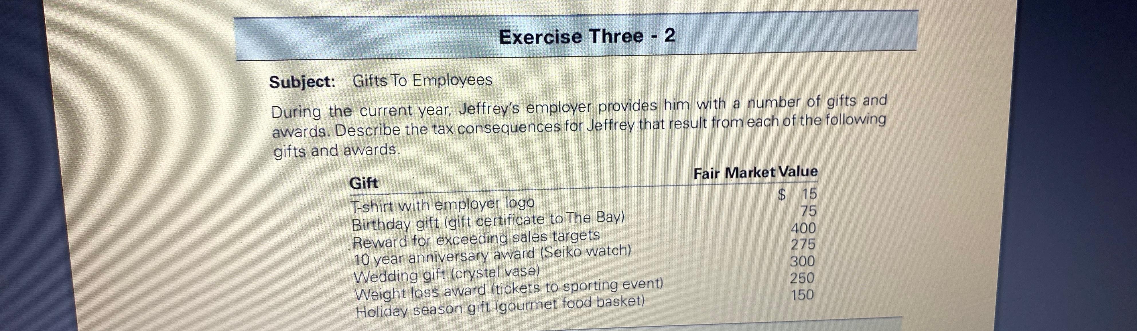 Solved Exercise Three - 2Subject: Gifts To EmployeesDuring | Chegg.com