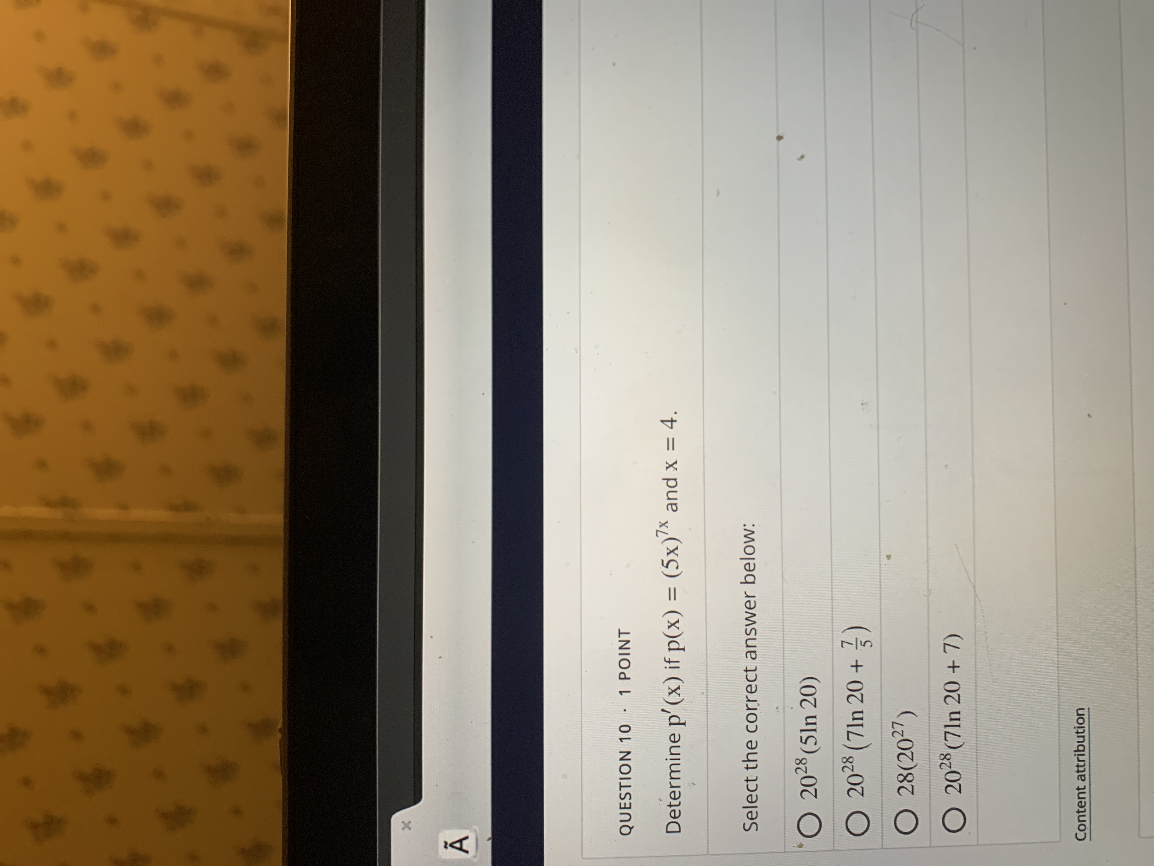 Solved QUESTION 10 - 1 ﻿POINTDetermine p'(x) ﻿if p(x)=(5x)7x | Chegg.com