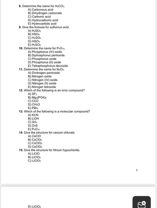Solved 8. Determine the name for H.CO. A) Carbonous acid B) | Chegg.com
