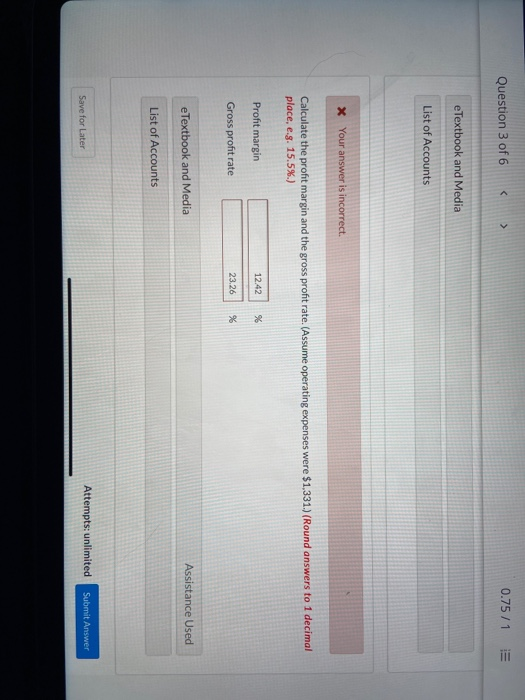 Solved Question 3 of 6 0.75 / 1 Show Attempt History Current | Chegg.com