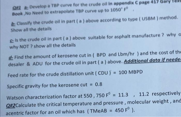Solved Qit a: Develop a TBp curve for the crude oil in | Chegg.com