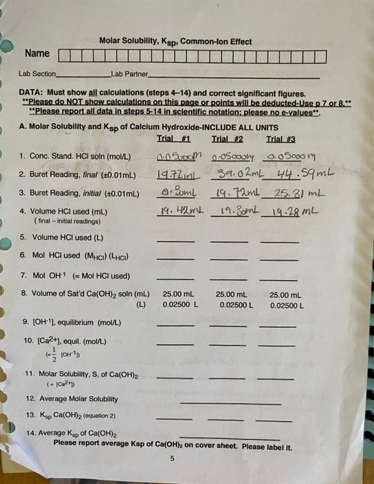 Solved Molar Solubility, Ksp, Common-lon Effect Name Lab | Chegg.com