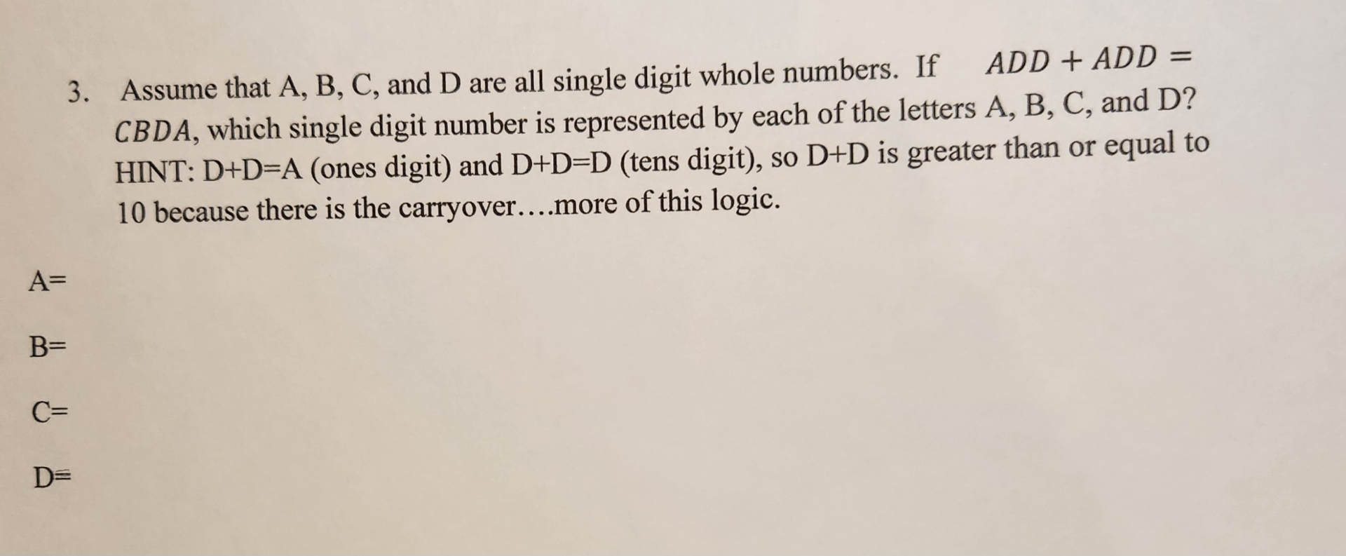 Solved Assume that A,B,C, ﻿and D ﻿are all single digit whole | Chegg.com
