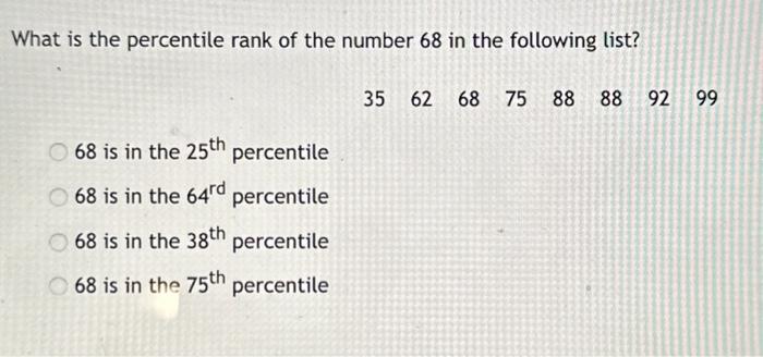 Solved What is the percentile rank of the number 68 in the | Chegg.com