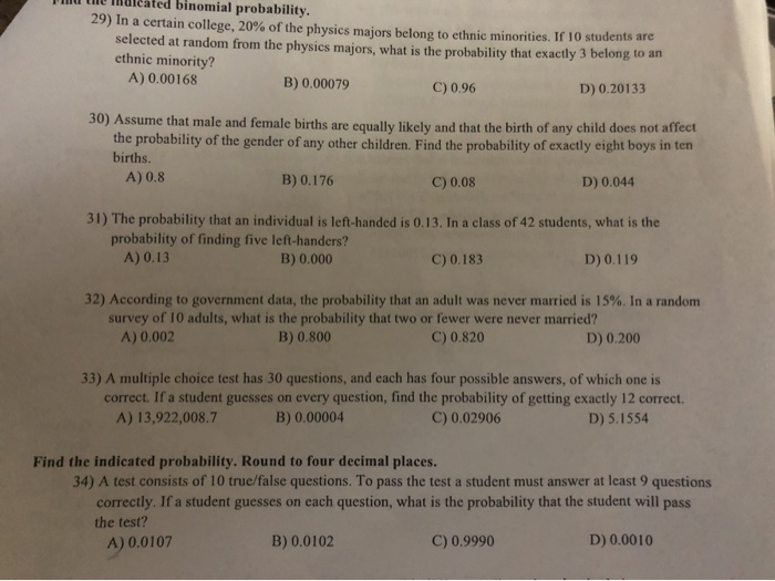 Solved putile indicated binomial probability. 29) In a | Chegg.com
