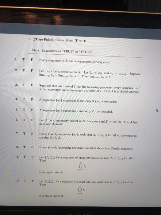 Solved 1. ((True-False). Circle either T or F Mark the | Chegg.com