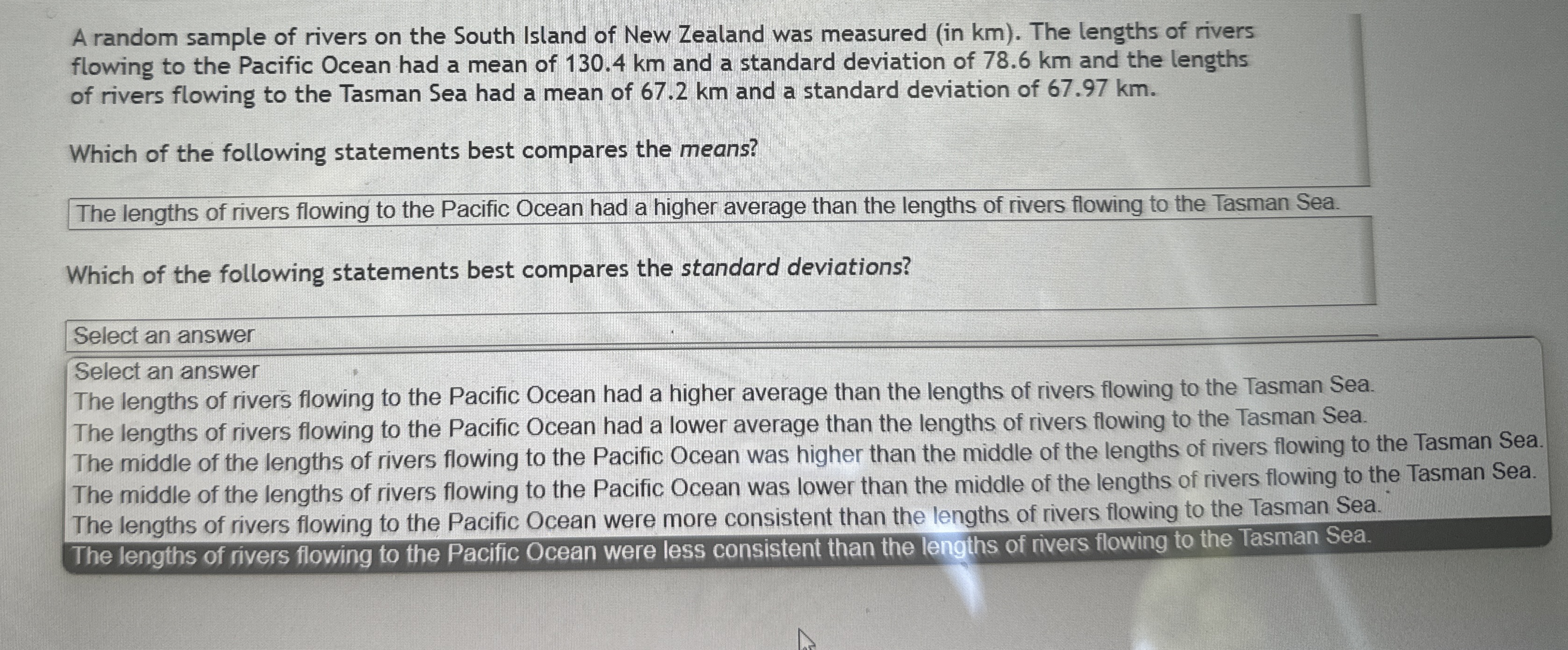 A random sample of rivers on the South Island of New | Chegg.com