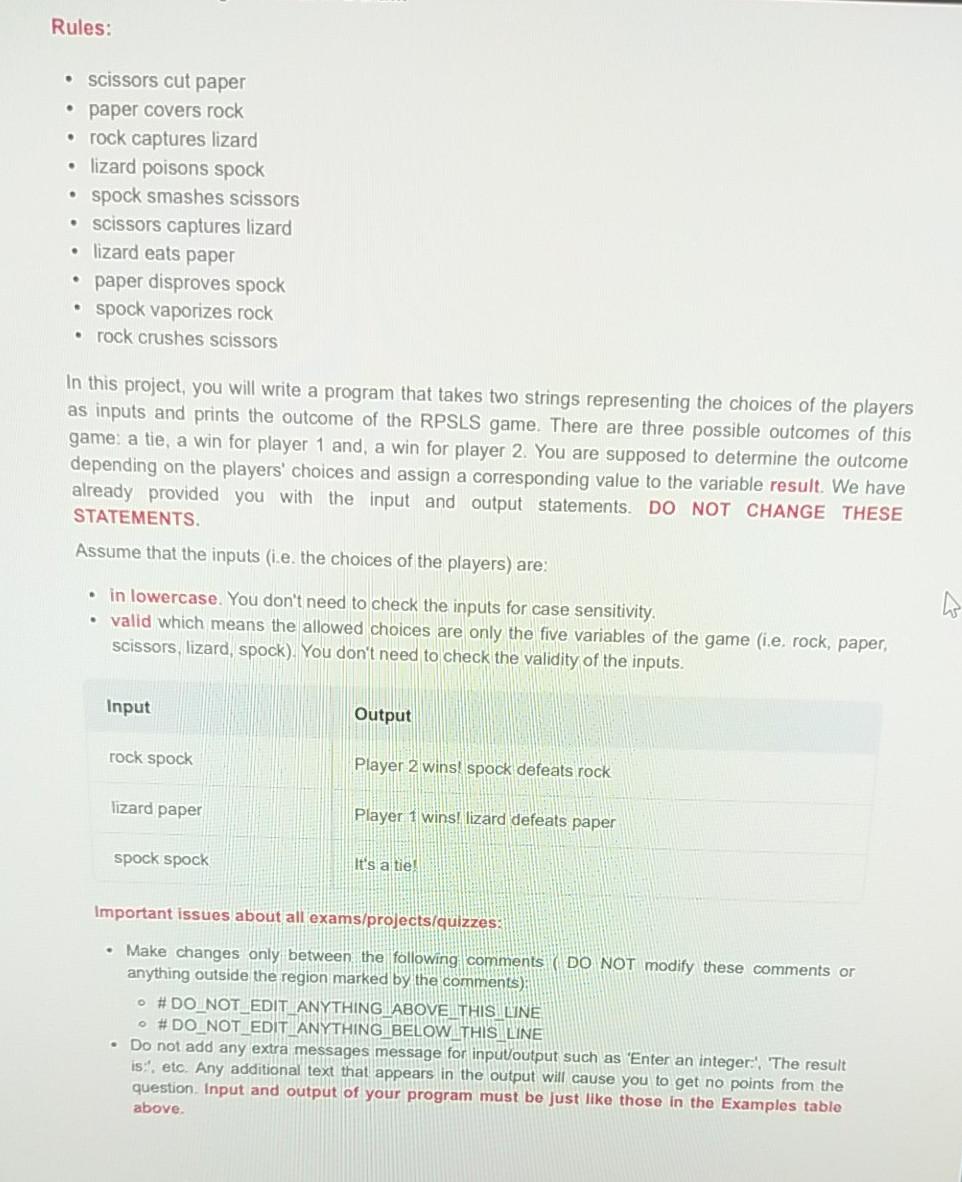 Solved Rock Paper Scissors Lizard Spock (RPSLS) is an | Chegg.com