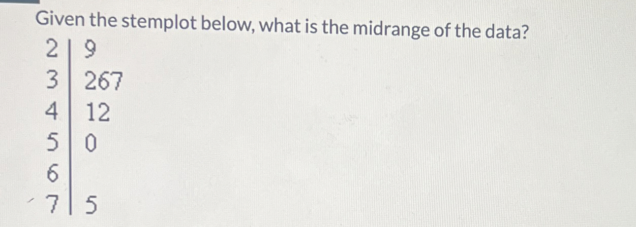 Solved Given the stemplot below, what is the midrange of the | Chegg.com