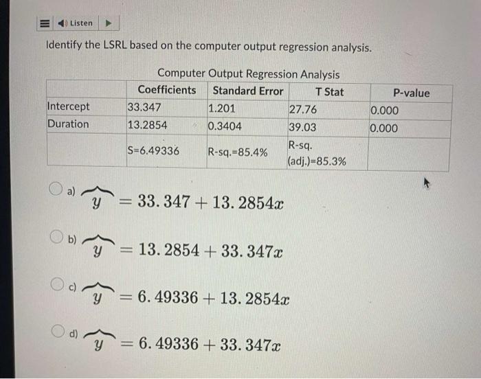 Solved Identify the LSRL based on the computer output | Chegg.com