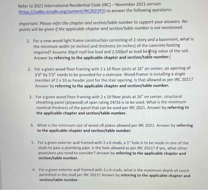 Solved efer to 2021 International Residential Code (IRC) - | Chegg.com