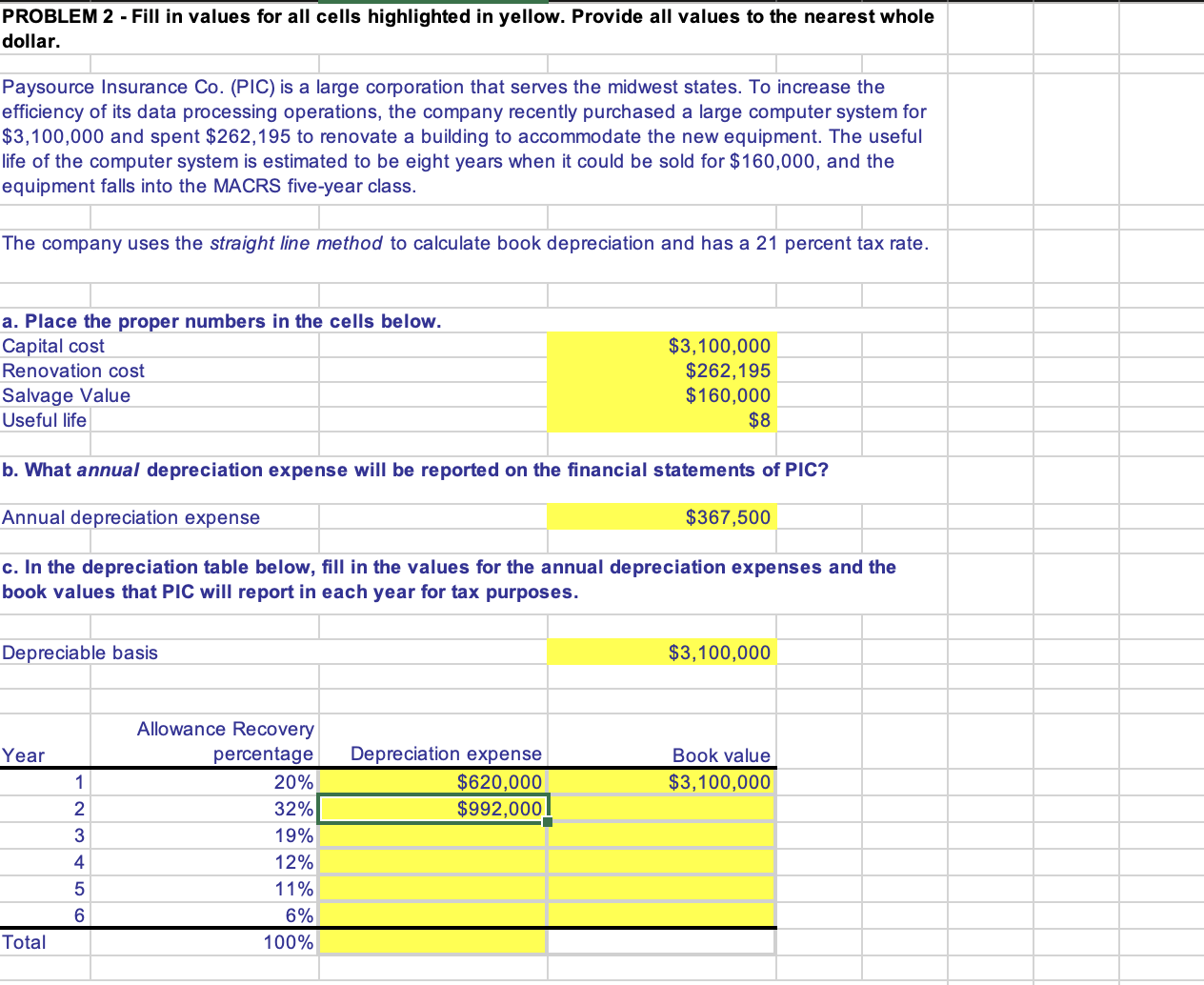 Solved PROBLEM 2 - ﻿Fill in values for all cells highlighted | Chegg.com