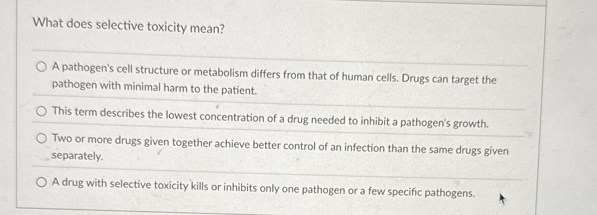 Solved What does selective toxicity mean?A pathogen's cell | Chegg.com