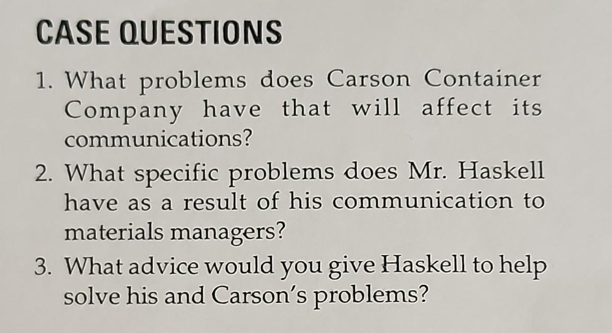 Carson Contalner Company Carson Container Company was | Chegg.com