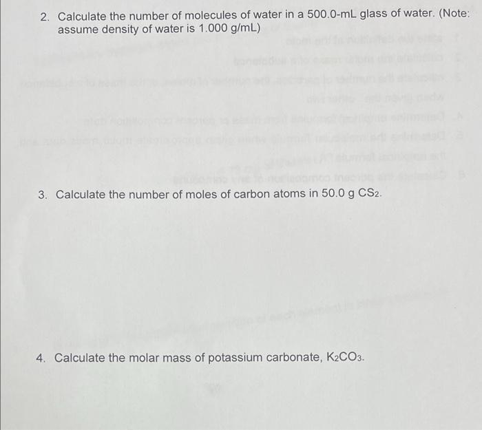 Solved 2. Calculate the number of molecules of water in a | Chegg.com