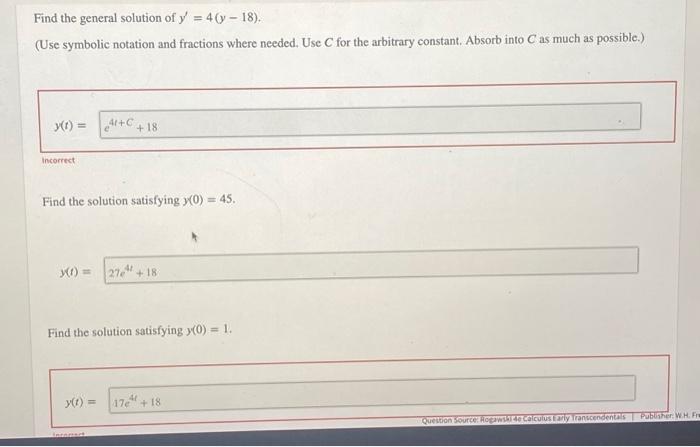 Solved Find the general solution of y′=4(y−18). (Use | Chegg.com