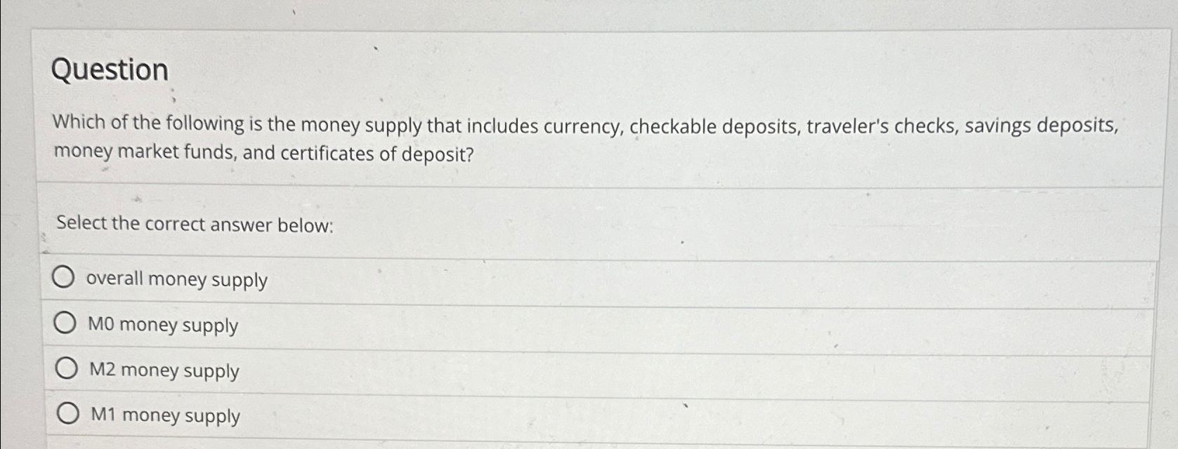 Solved QuestionWhich of the following is the money supply | Chegg.com