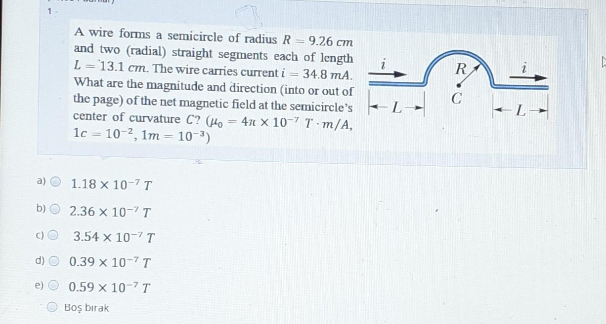 Solved A wire forms a semicircle of radius R=9.26 cm and two | Chegg.com