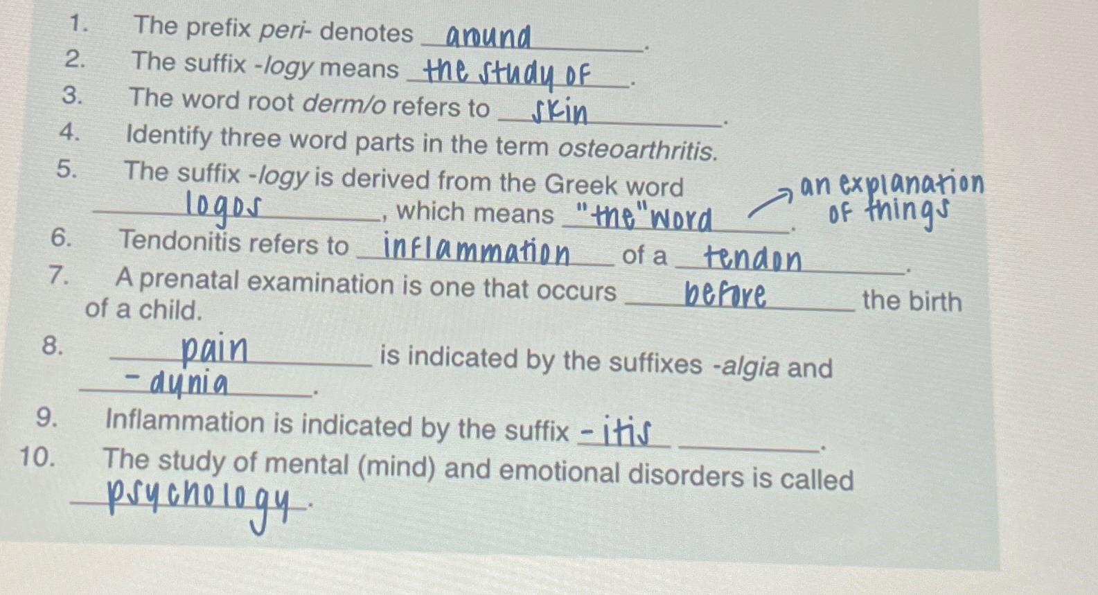 Solved The prefix peri-denotes anundThe suffix-logy means | Chegg.com