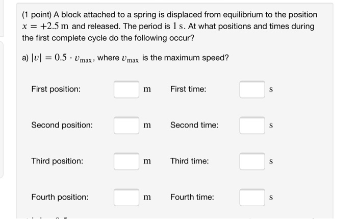 Solved (1 point) A block attached to a spring is displaced | Chegg.com