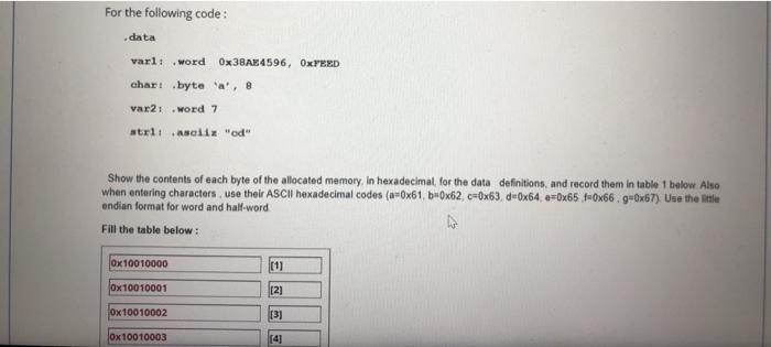 Solved For the following code: .data vari: .word Ox3BA4596, | Chegg.com