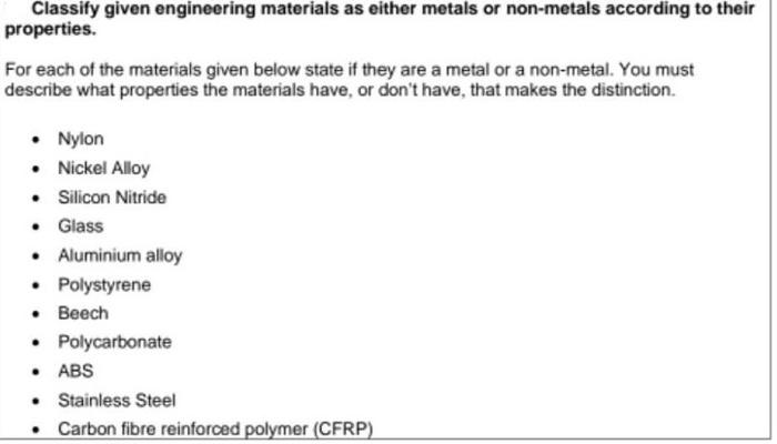 Solved Classify given engineering materials as either metals | Chegg.com