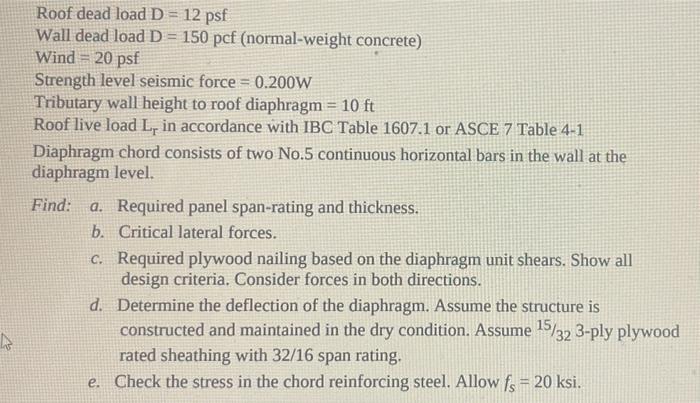 Solved Roof dead load D = 12 psf Wall dead load D = 150 pcf | Chegg.com