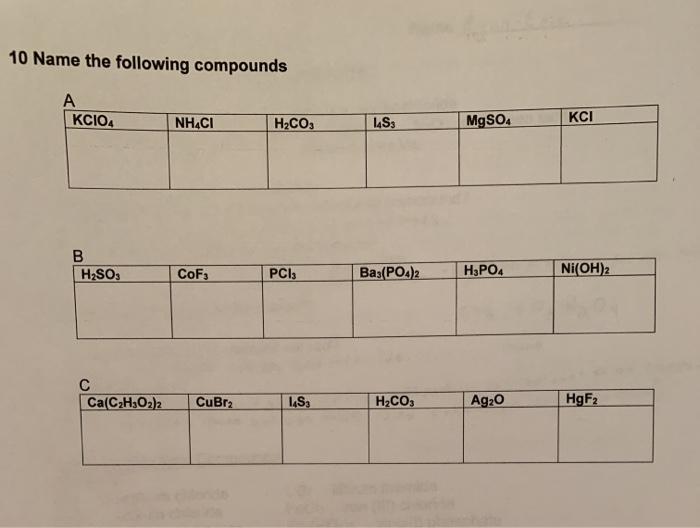 Solved 10 Name the following compounds A KCIO NHACI H2CO3 | Chegg.com
