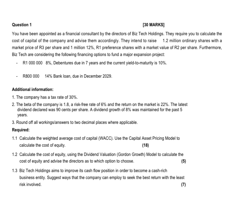 Solved Question 1[30 ﻿MARKS]You have been appointed as a | Chegg.com