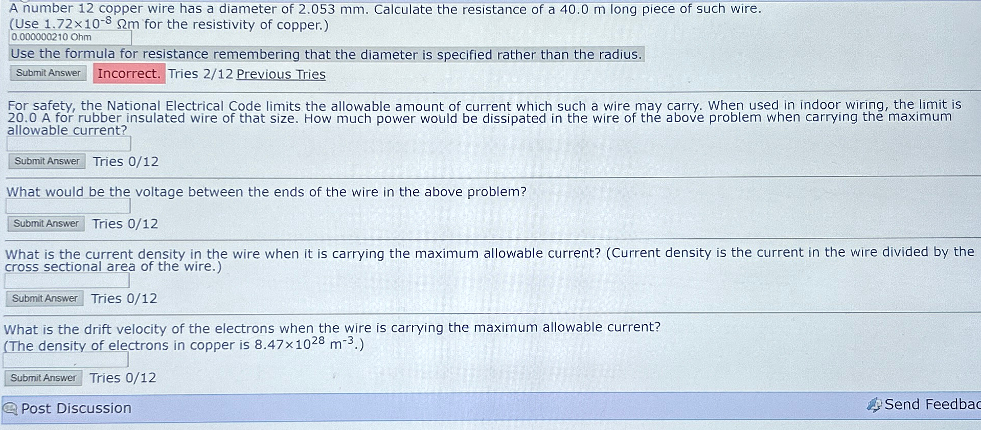 Solved A number 12 ﻿copper wire has a diameter of 2.053mm. | Chegg.com