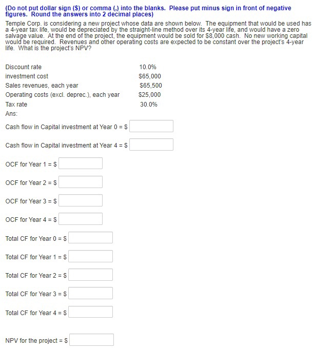 Solved (Do not put dollar sign ($) or comma (,) into the | Chegg.com