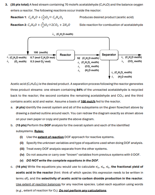 Solved A feed stream containing 70 ﻿mole% ﻿acetaldehyde | Chegg.com