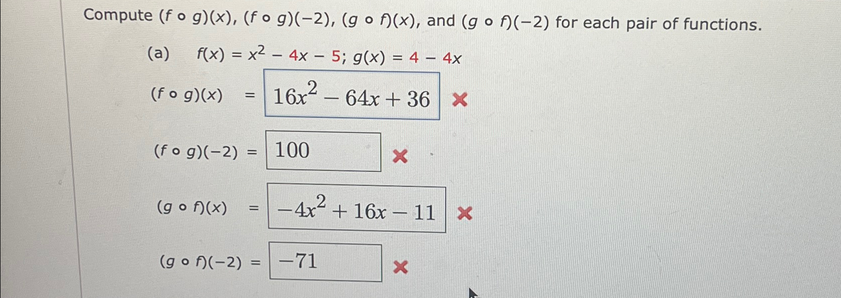 Solved Compute (f@g)(x),(f@g)(-2),(g@f)(x), ﻿and (g@f)(-2) | Chegg.com