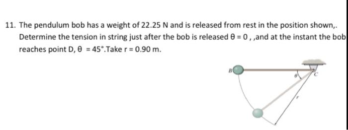 Solved 11. The pendulum bob has a weight of 22.25 N and is | Chegg.com