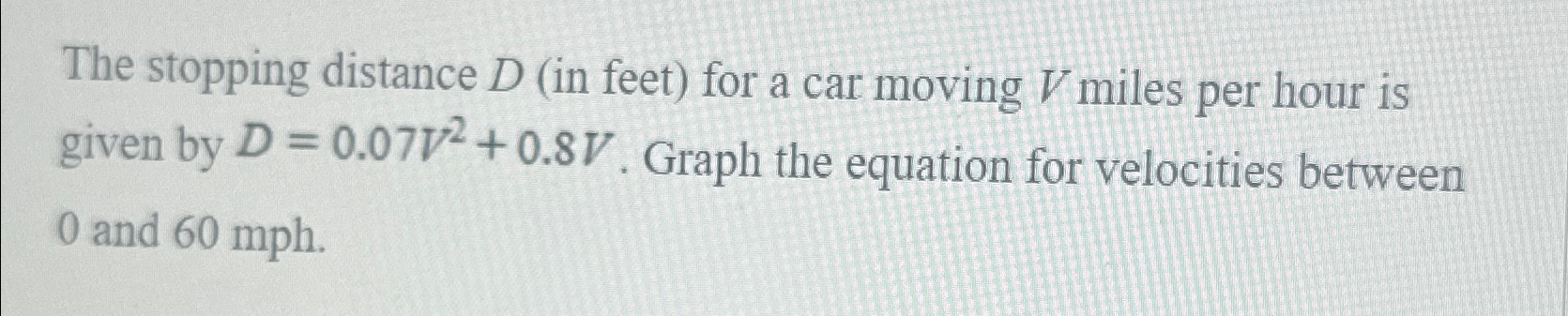 Solved The stopping distance D (in feet) ﻿for a car moving V | Chegg.com
