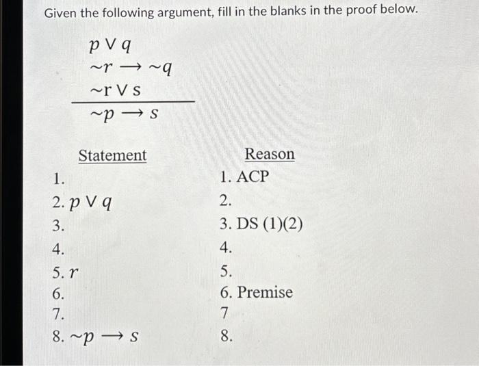 Solved Given the following argument, fill in the blanks in | Chegg.com