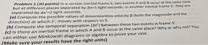 Solved Problem 1 (10 points) in a certain inertial frame S, | Chegg.com