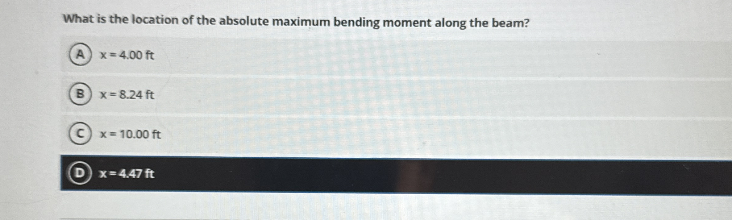 Solved What is the location of the absolute maximum bending | Chegg.com
