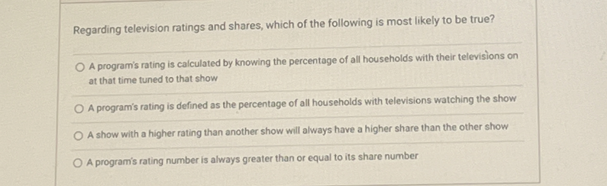 Solved Regarding television ratings and shares, which of the | Chegg.com