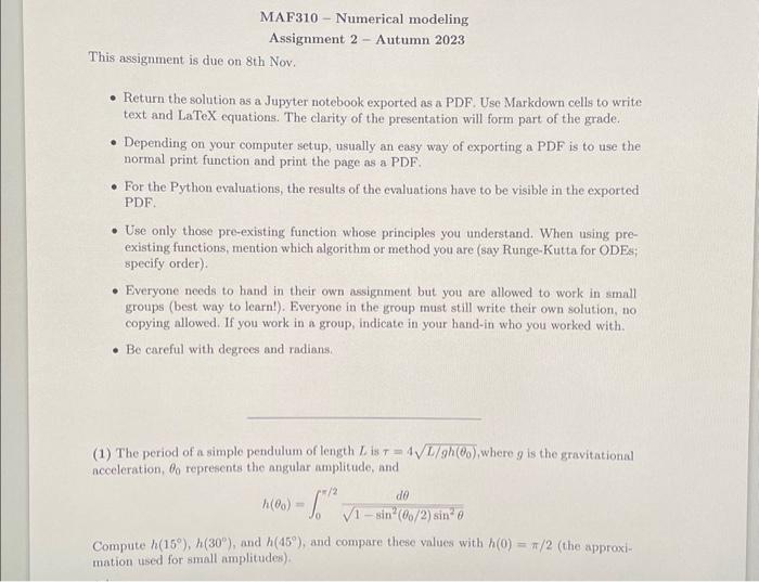 MAF310 Numerical modeling Assignment 2- Autumn 2023 | Chegg.com