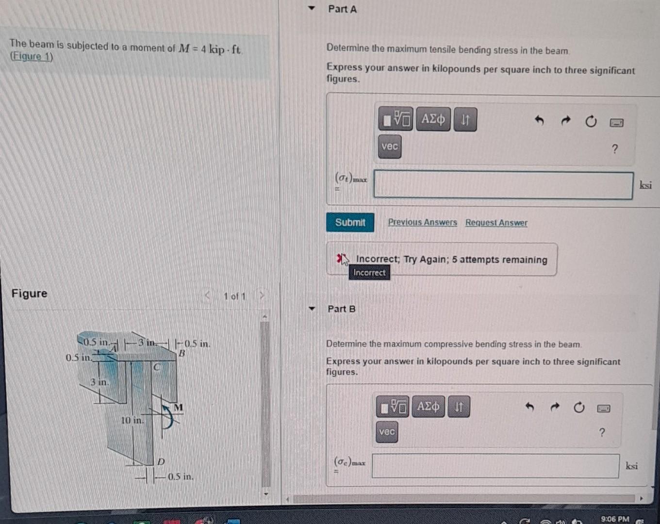 Solved The beam is subjected to a moment of M=4kip⋅ft | Chegg.com