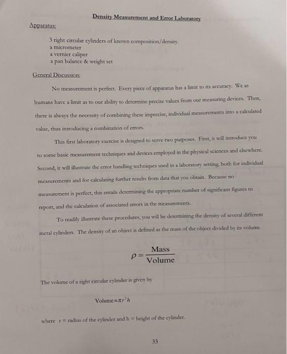 Solved Density measurement and error labCan you find the | Chegg.com
