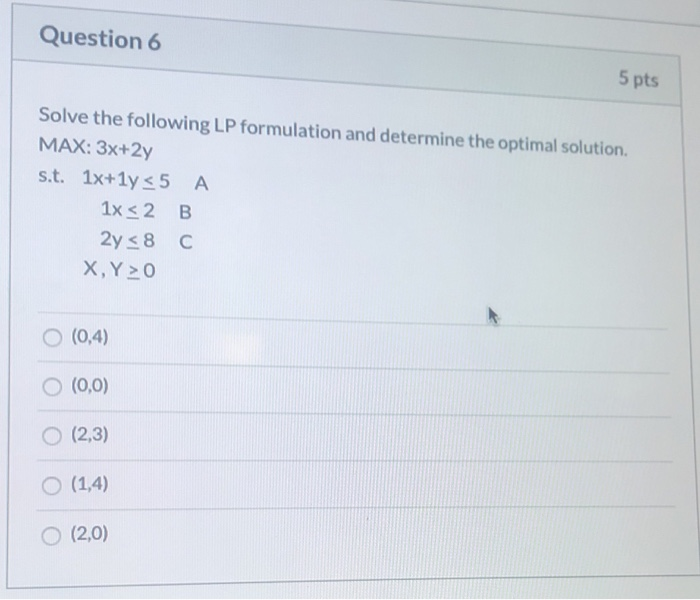 Solved Question 6 5 Pts Solve The Following Lp Formulation